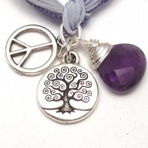 Silk Wrap Bracelet With Tree Of Life, Peace Sign, And Amethyst on Luulla