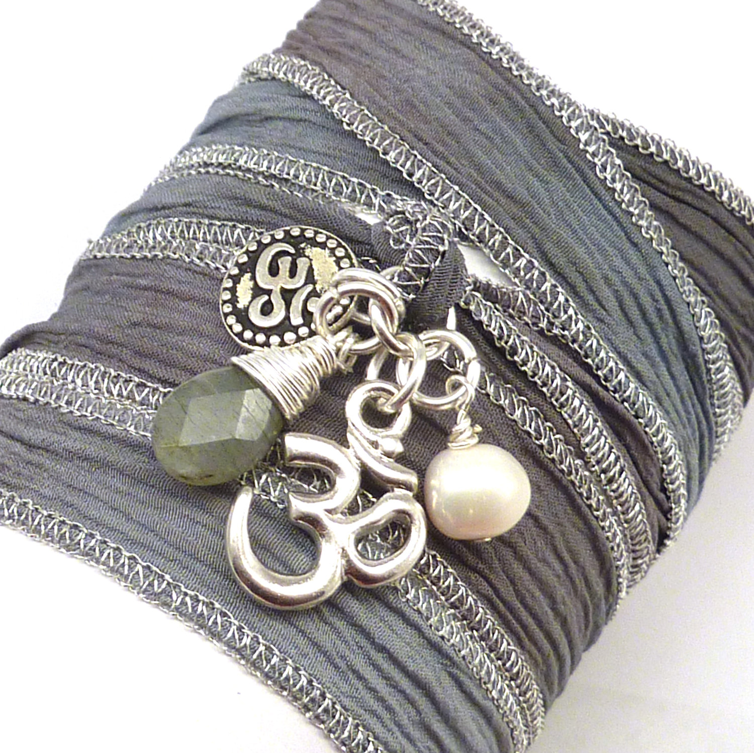 Hand Painted Silk Ribbon Bracelet With Om Charms,pearl, And Labradorite ...