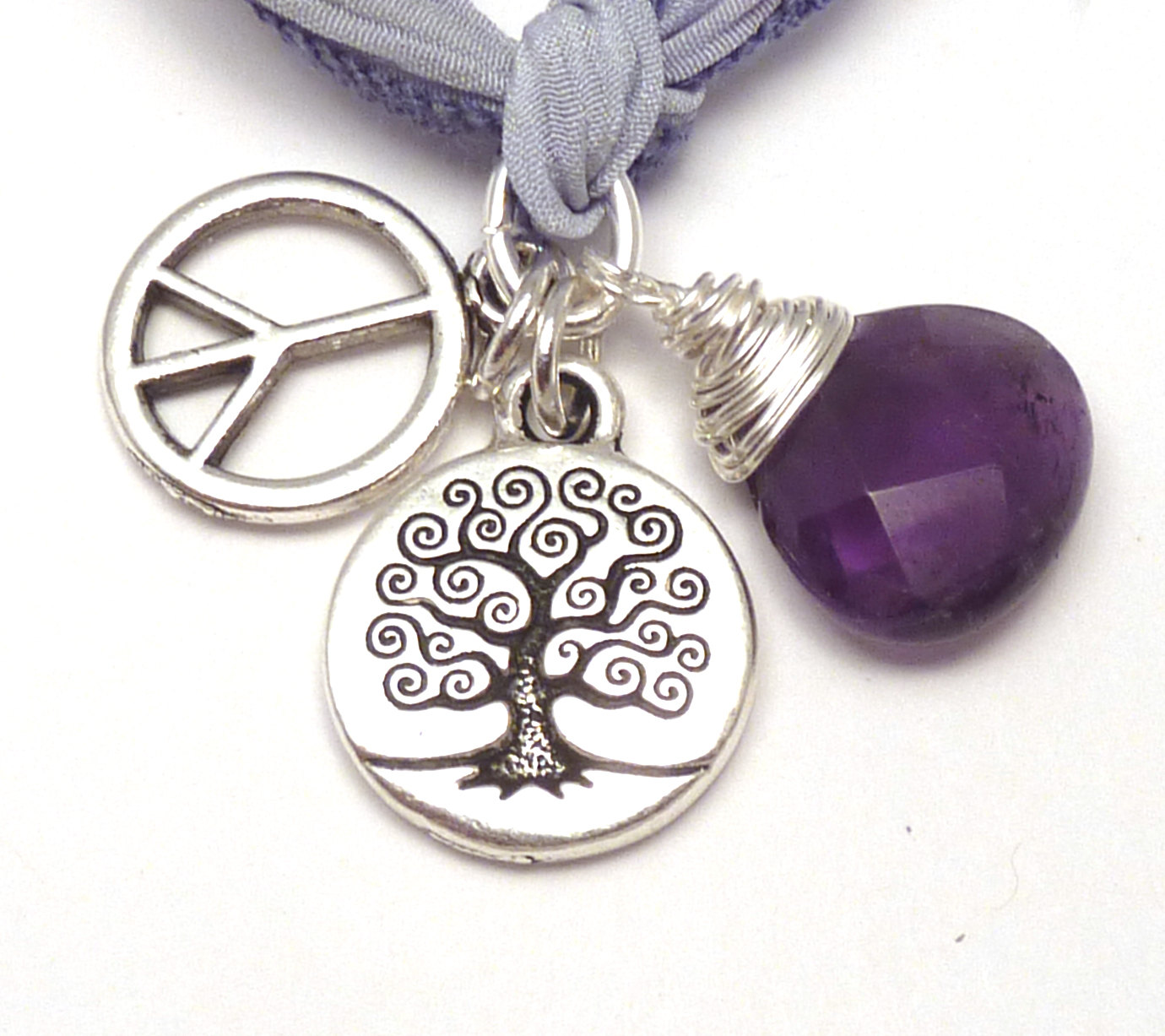 Silk Wrap Bracelet With Tree Of Life, Peace Sign, And Amethyst on Luulla